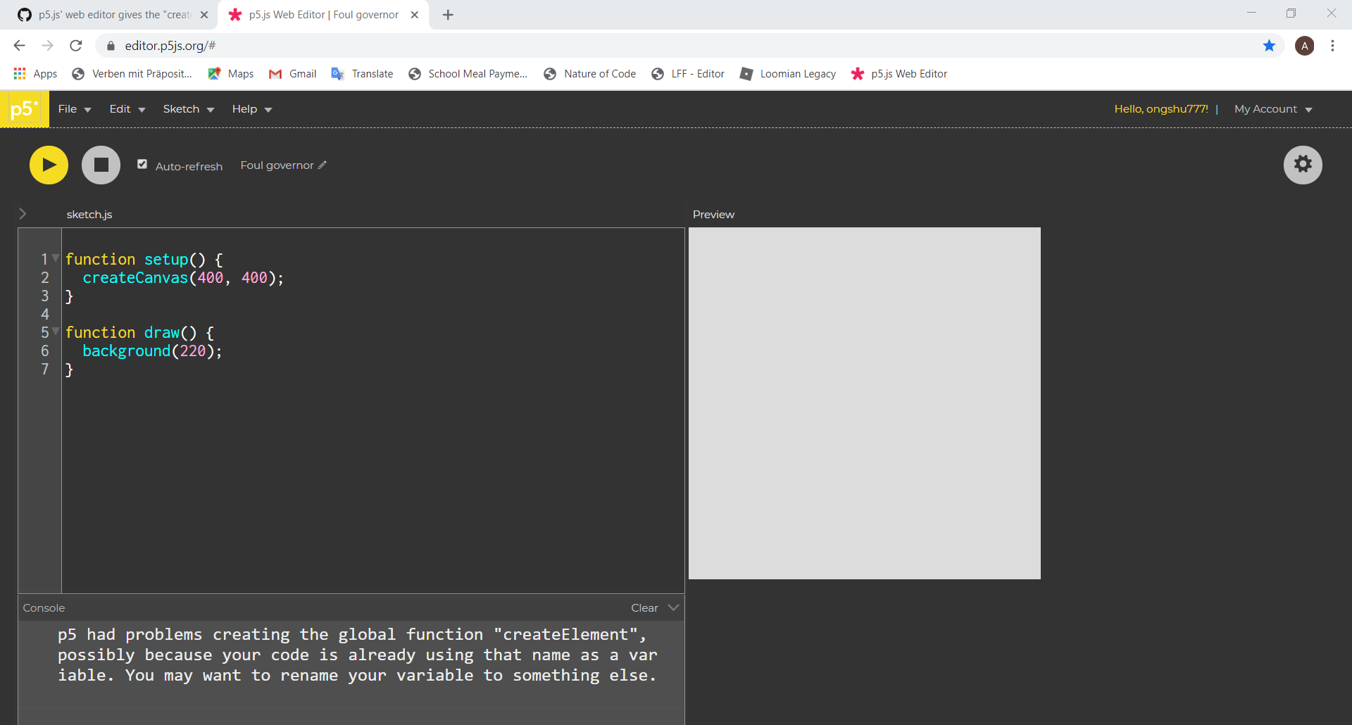 p5.js' web editor gives the "createElement()" error when simply running the default template ...
