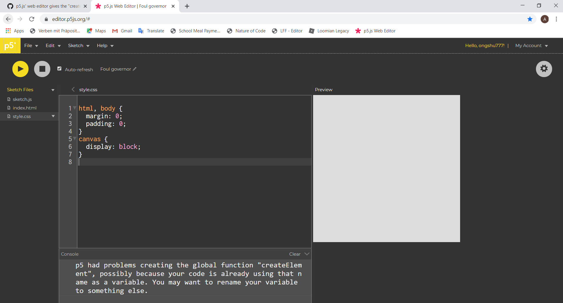 p5.js' web editor gives the "createElement()" error when simply running the default template ...