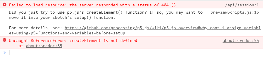 p5.js' web editor gives the "createElement()" error when simply running the default template ...