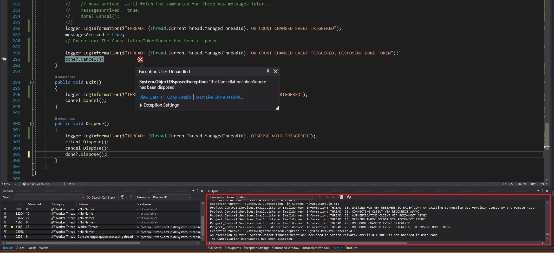 Imap Idle documentation example throwing "The CancellationTokenSource has been disposed ...