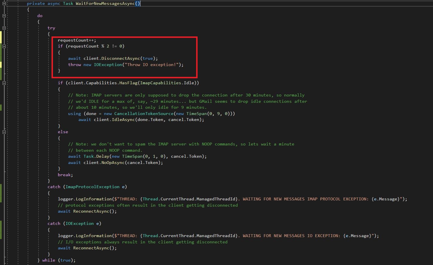 Imap Idle documentation example throwing "The CancellationTokenSource has been disposed ...