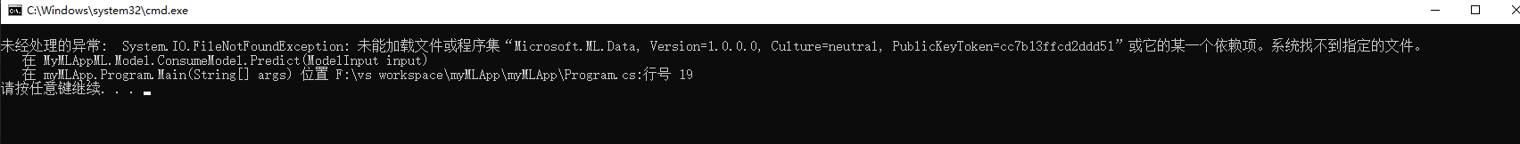 Could not load file or assembly 'Microsoft.ML.Data, Version=1.0.0.0, Culture=neutral ...