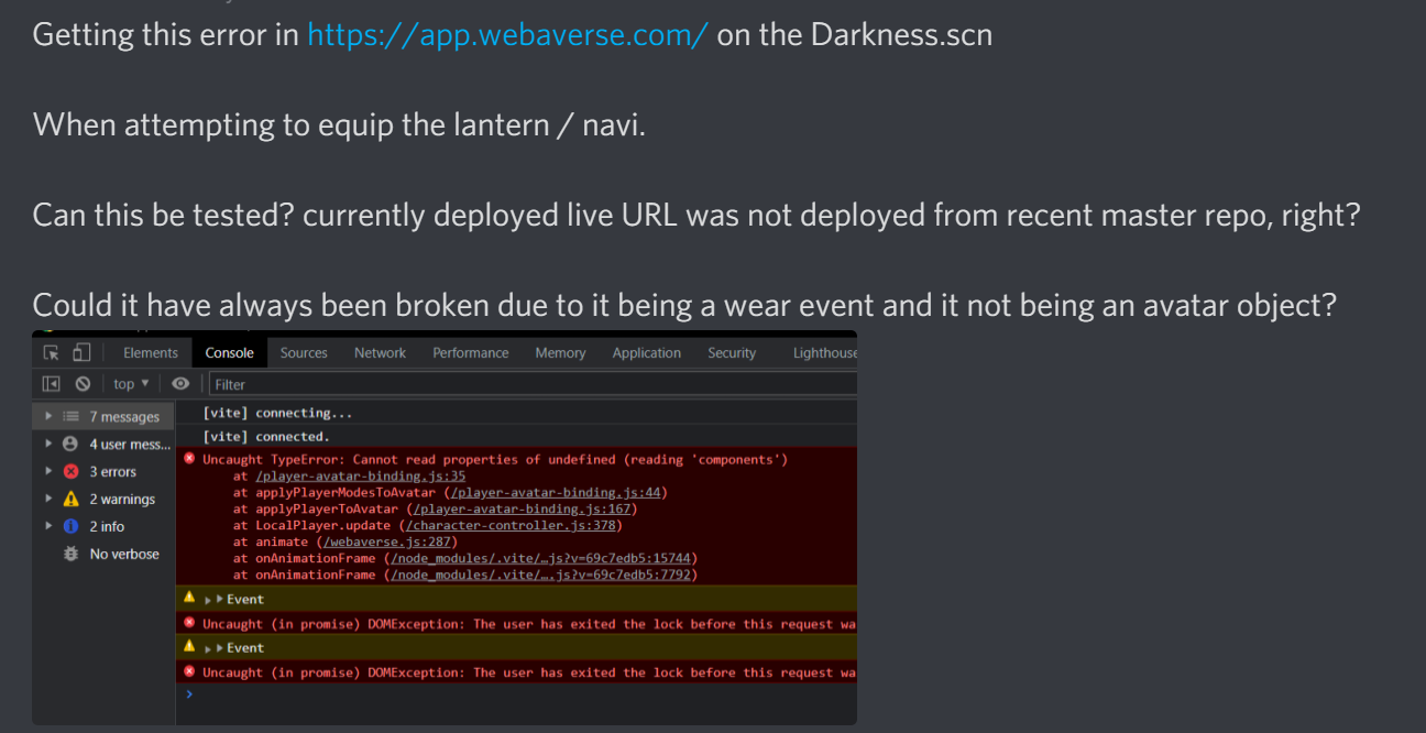Crash during equip (wear) event on lantern · Issue #1926 · webaverse/app · GitHub
