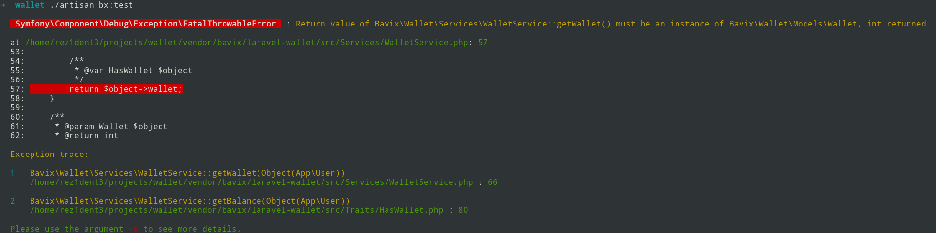 Return value of Bavix\Wallet\Services\WalletService::getWallet() must be an instance of Bavix ...