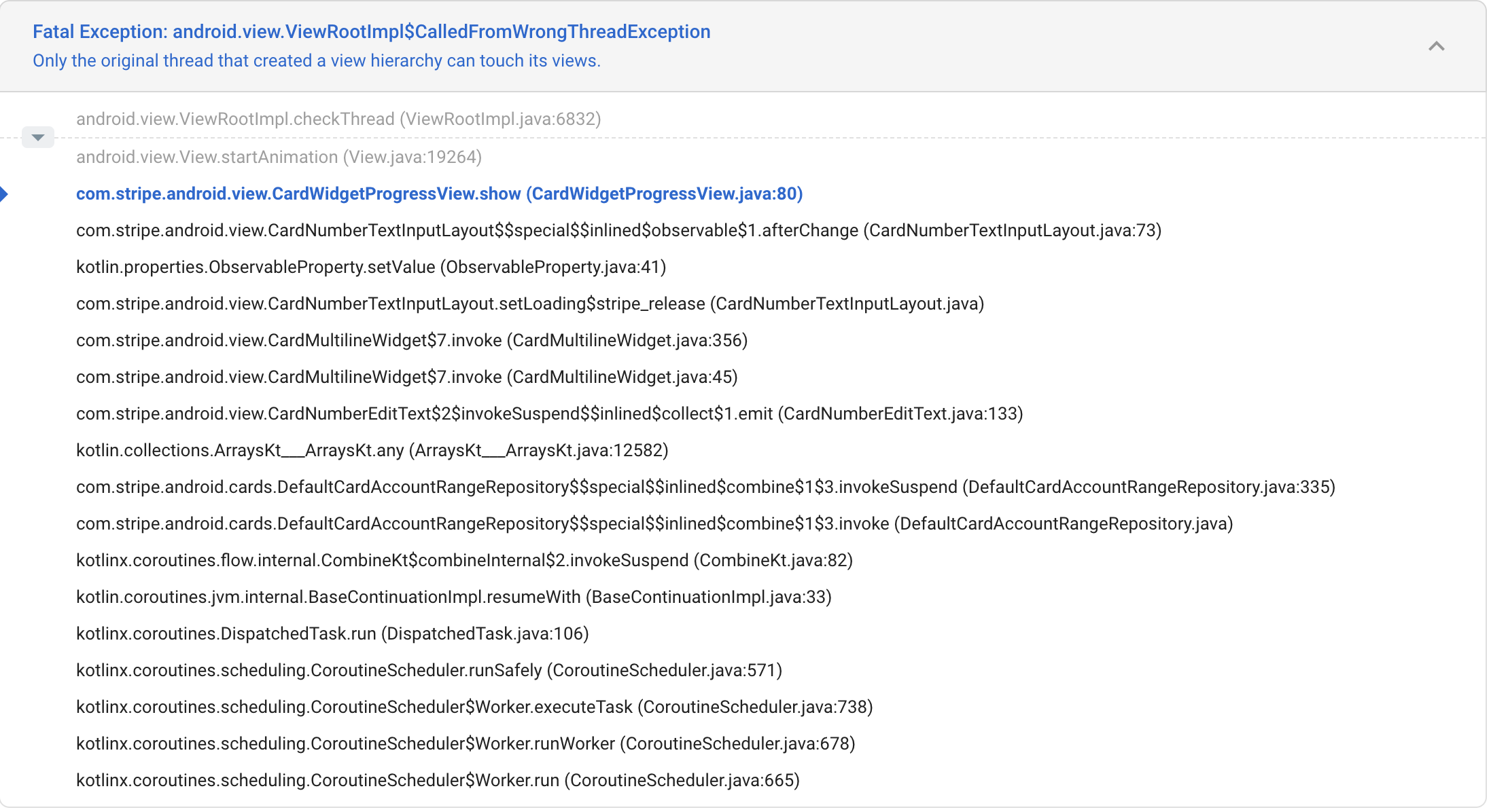 crash with CardWidgetProgressView · Issue #3086 · stripe/stripe-android · GitHub