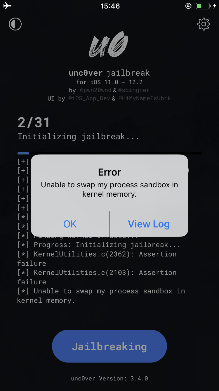 v. 3.4.0 Jailbreak Fails at 2/31:Unable to swap my process sandbox in kernel memory. · Issue ...