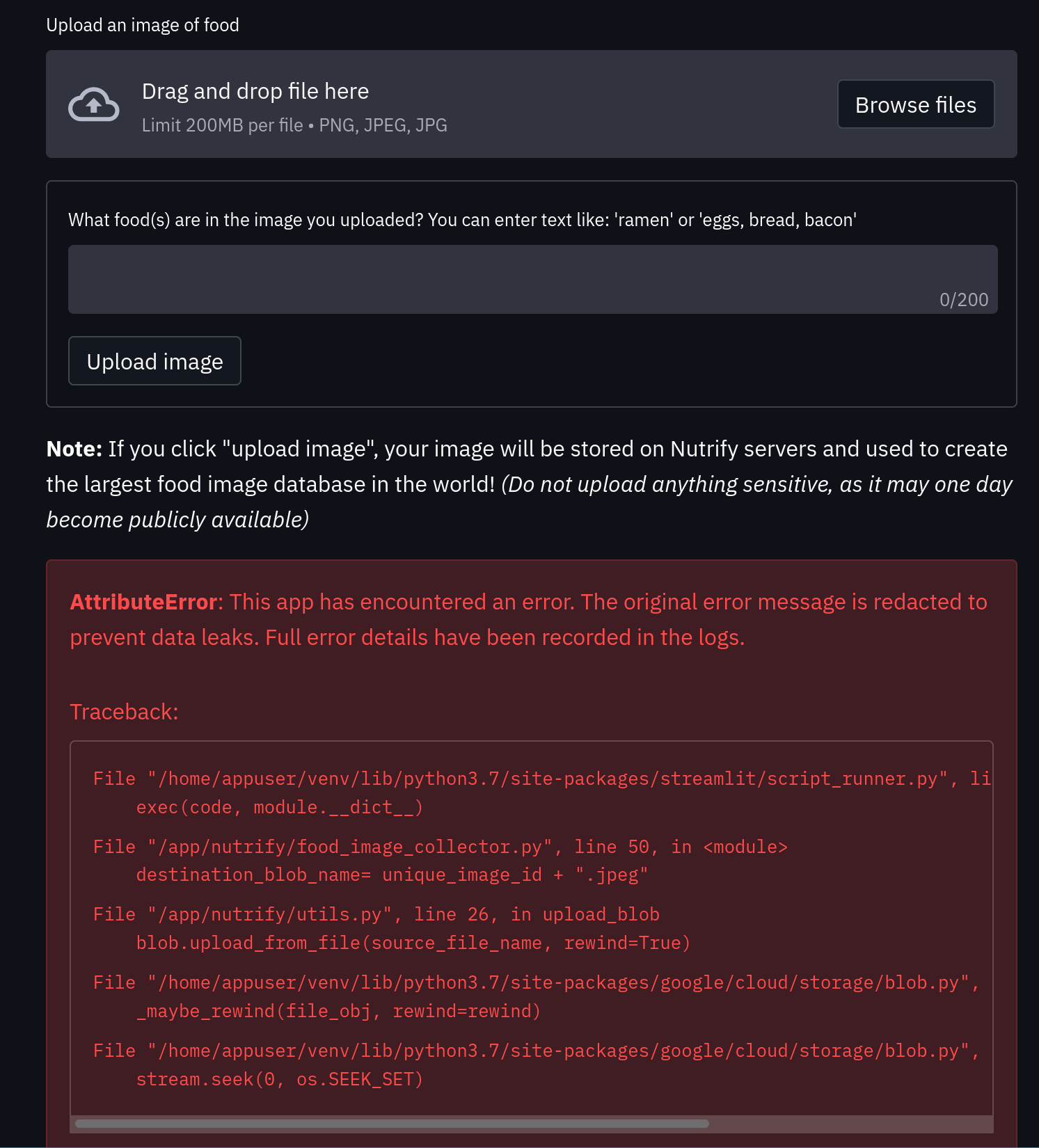 Supressing error message for empty upload · Issue #2 · mrdbourke/nutrify · GitHub