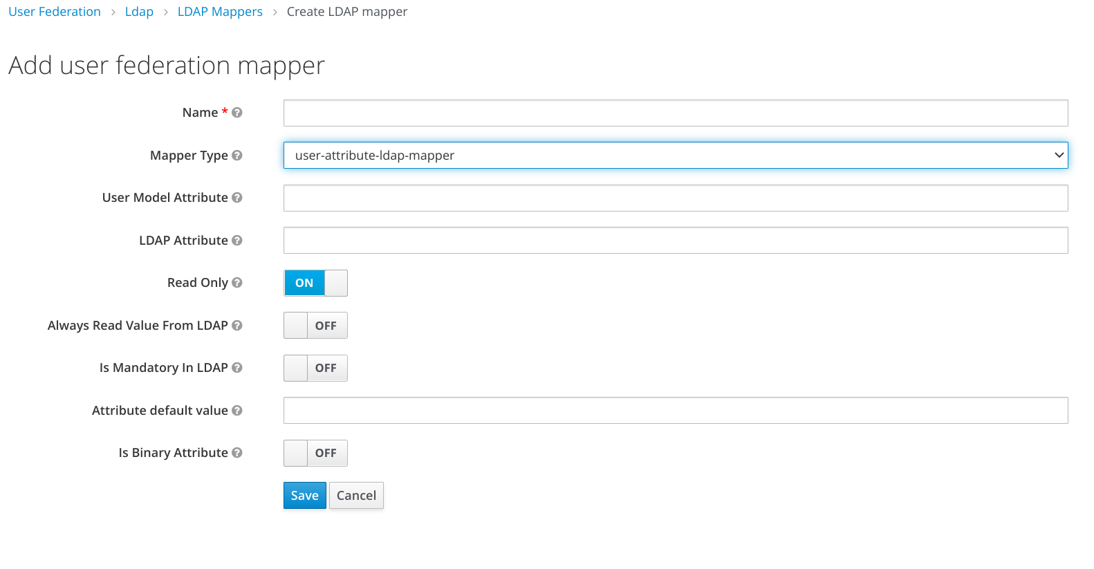 [UX Review] Two additional options should be required of "user-attribute-ldap-mapper" type ...