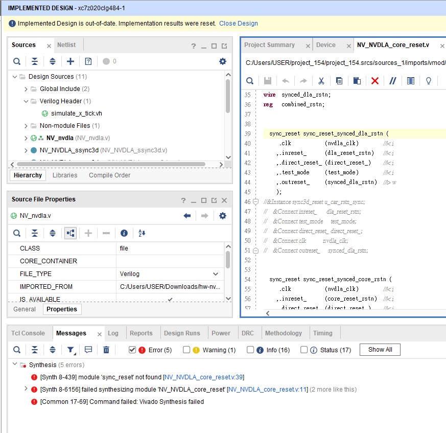 Compilation/synthesis issues in Vivado for the nv_small config in both nv_small and master ...