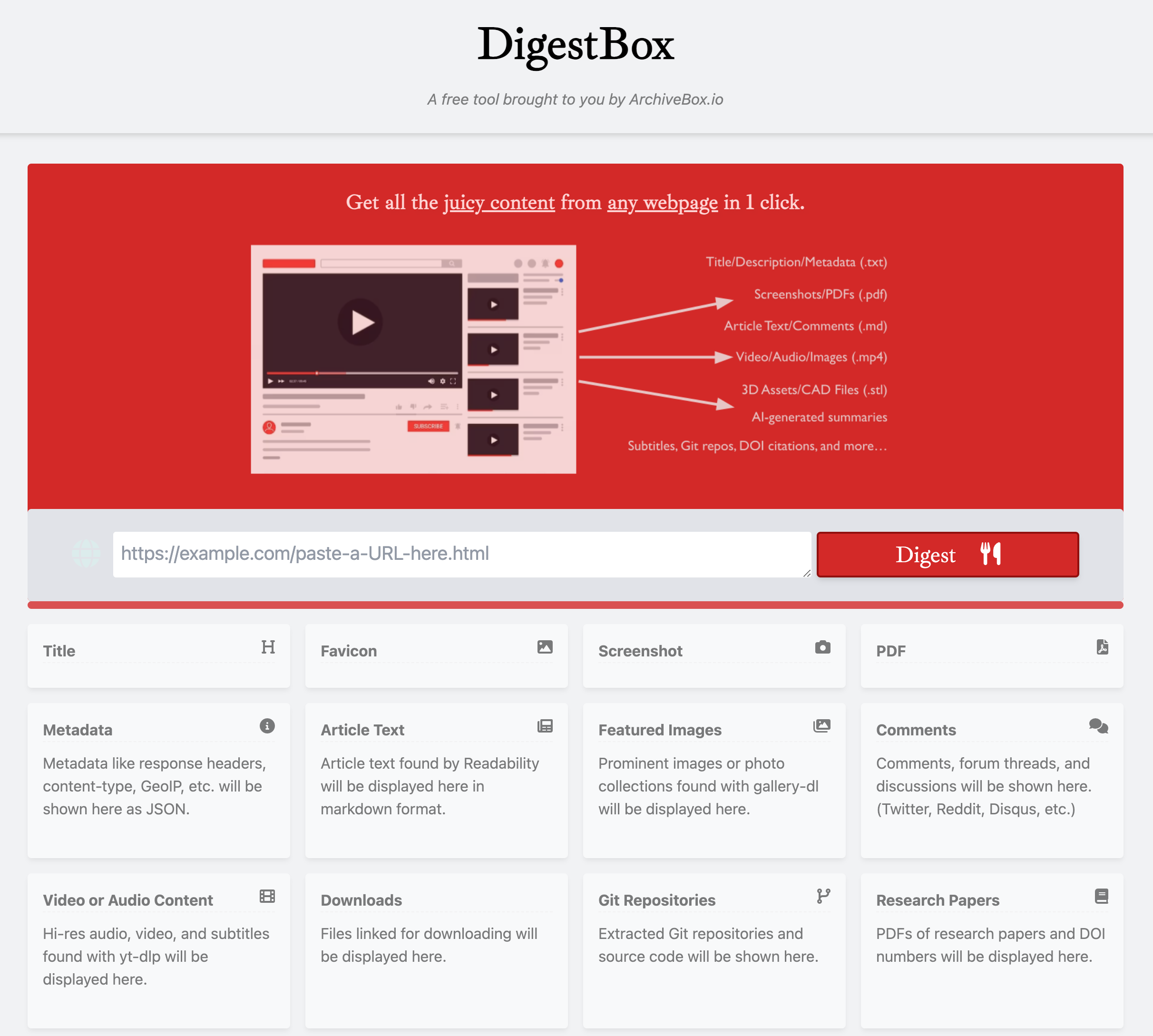 GitHub - ArchiveBox/DigestBox: DigestBox takes any webpage URL (news article, video link ...