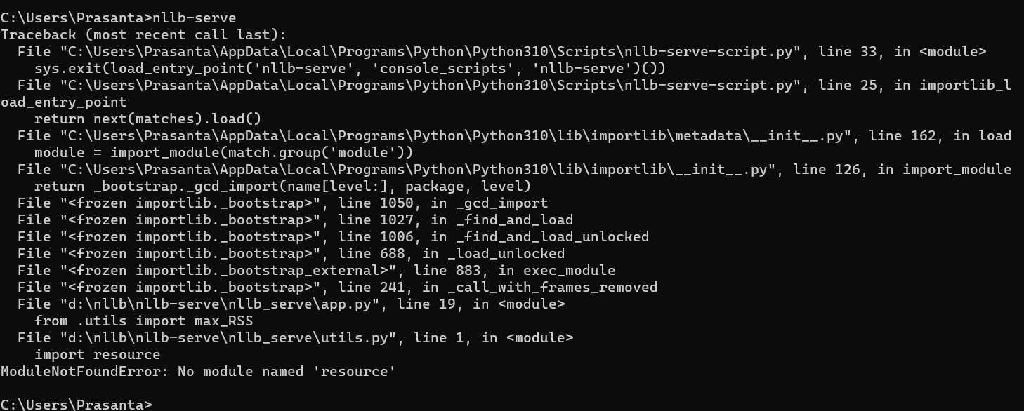 No module named "resource" · Issue #2 · thammegowda/nllb-serve · GitHub