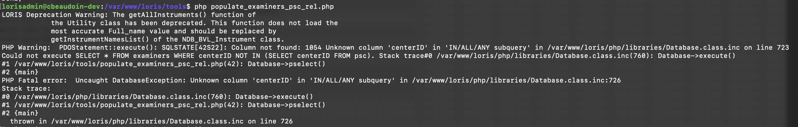 [tools] Unknown column error in populate_examiners_psc_rel.php · Issue #8065 · aces/Loris · GitHub