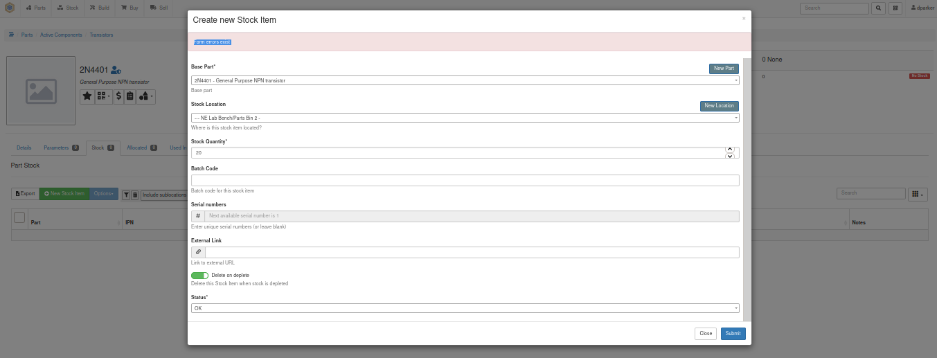 Create stock item fails with "Form errors exist" when initiated from part page · Issue #1199 ...