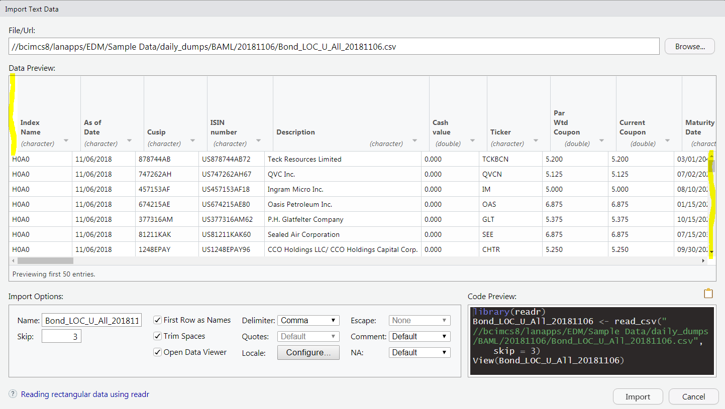 Import dataset dialog has misaligned header relatively to columns when scroling is required ...