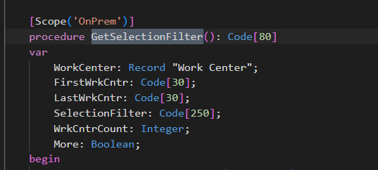 page 99000755 "Work Center List": remove [Scope('OnPrem')] from procedure GetSelectionFilter ...