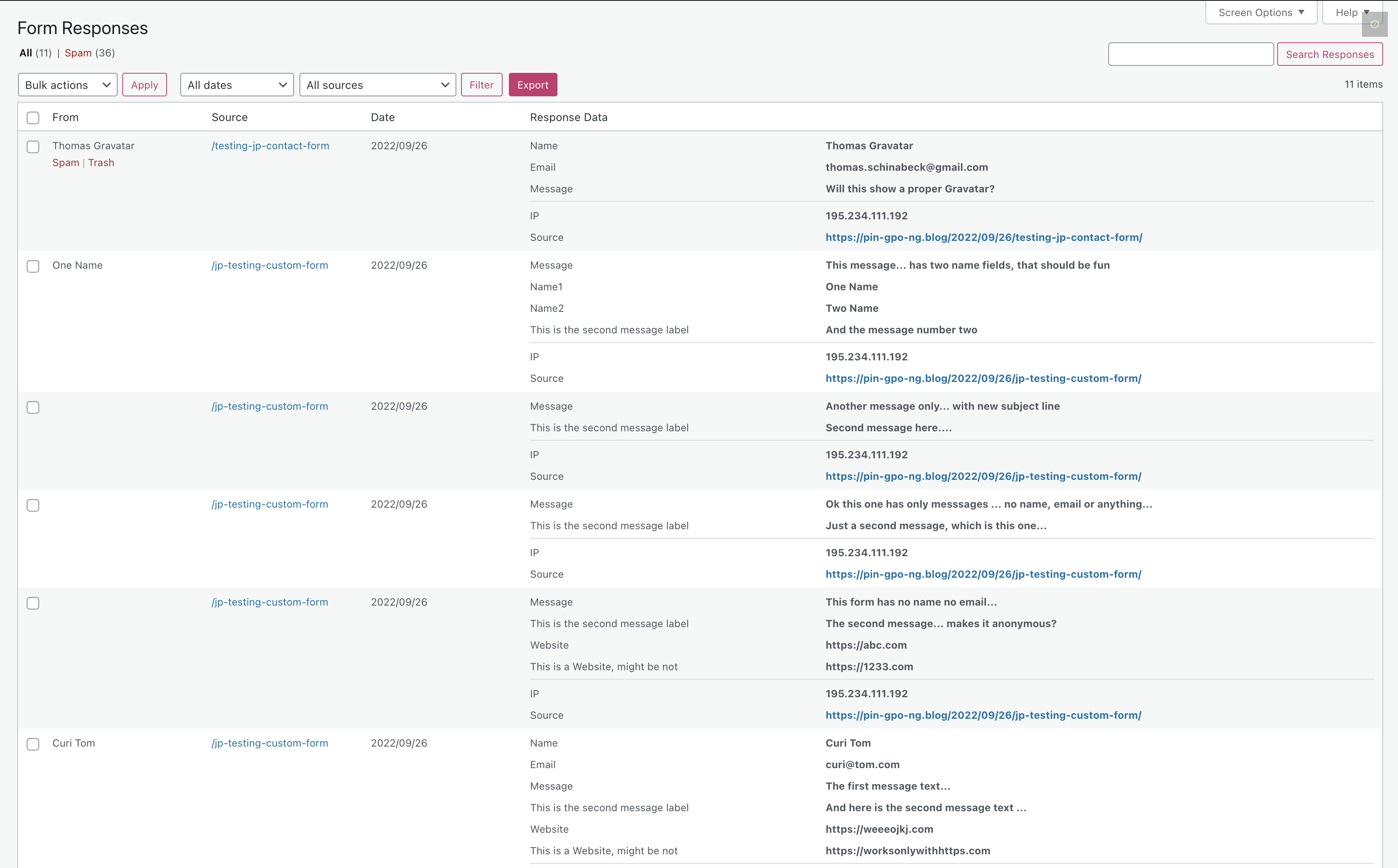 WPAdmin > Form Responses: Table shows in "From" column empty fields -> Expected would be at ...