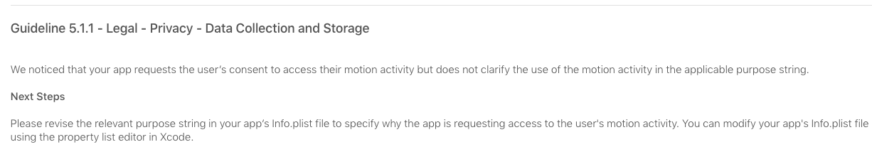 App rejected at AppStore due to invalid motion key's String in info.plist. · Issue #122 ...