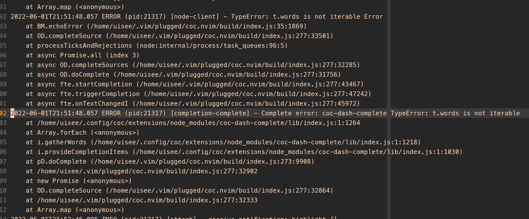 [completion-complete] - Complete error: coc-dash-complete TypeError: t.words is not iterable ...