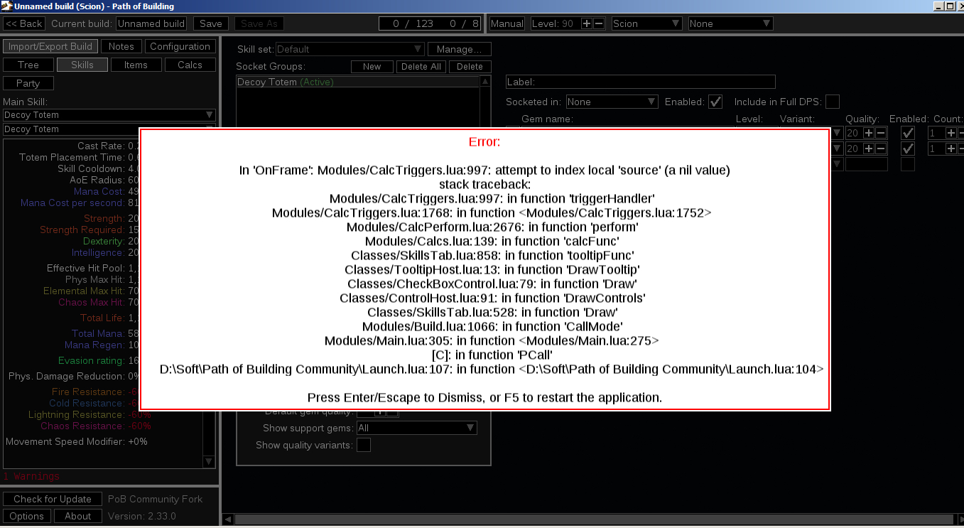 Crash when using Flamewood Support · Issue #6485 · PathOfBuildingCommunity/PathOfBuilding · GitHub