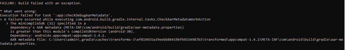 Dependency S Aar Metadata Meta Inf Com Android Build Gradle Aar Metadata Properties Is Greater