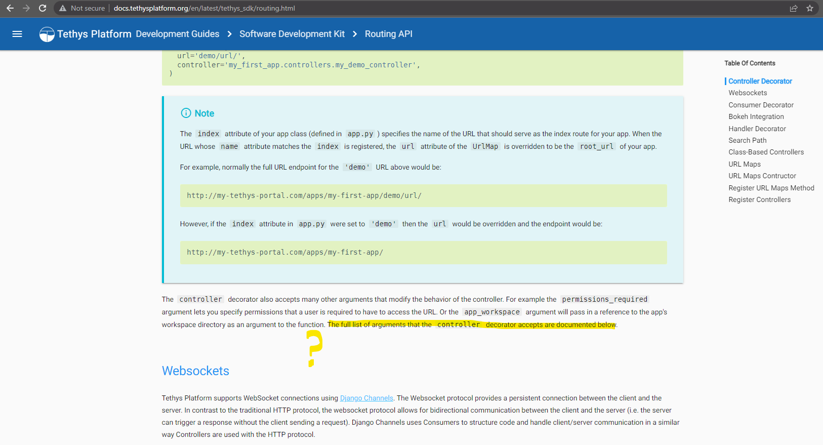 Controller Decorator Docstring Not Rendering in Docs · Issue #847 · tethysplatform/tethys · GitHub