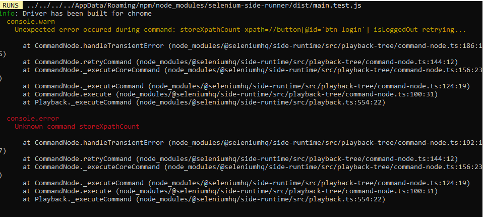 selenium-side-driver 4.0.0-alpha.15 fails with error '`.each` called with an empty Array of ...