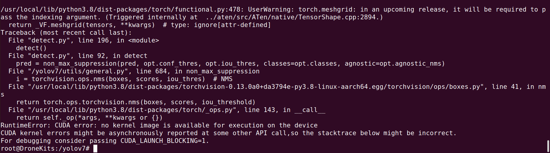 l4t-pytorch:r35.1.0-pth1.11-py3 error runing yoloy7 RuntimeError: CUDA ...