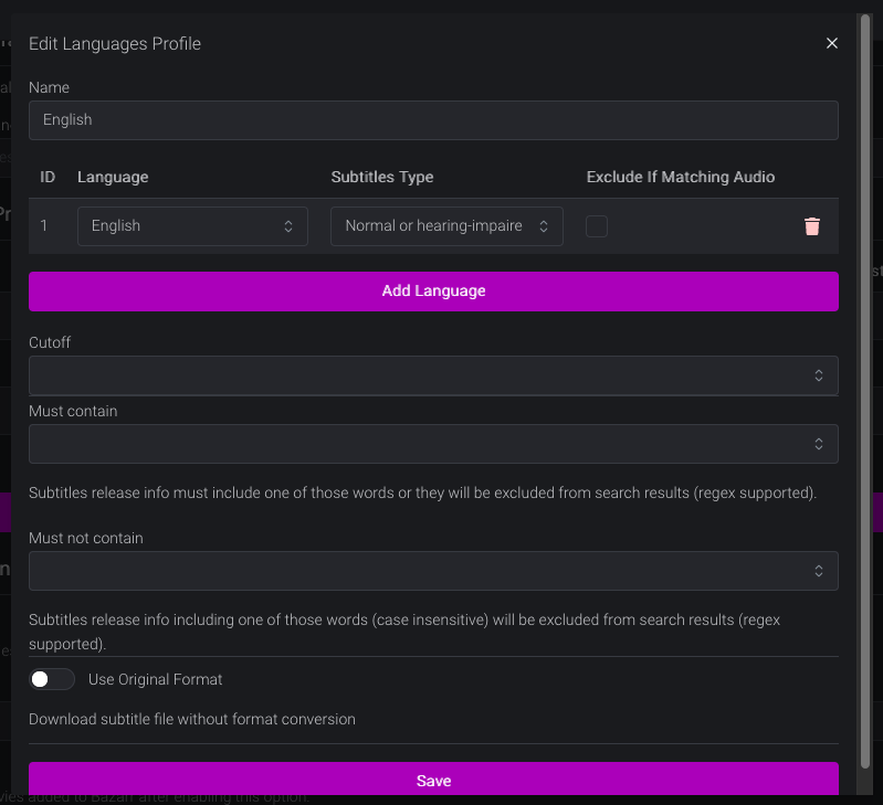 "EN HI Required" as Language 1, "EN Non-Hi Required" as Language 2, and ...