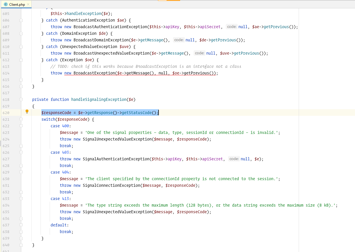 opentok/src/OpenTok/Util/Client.php - handleSignalingException sporadically causes another ...