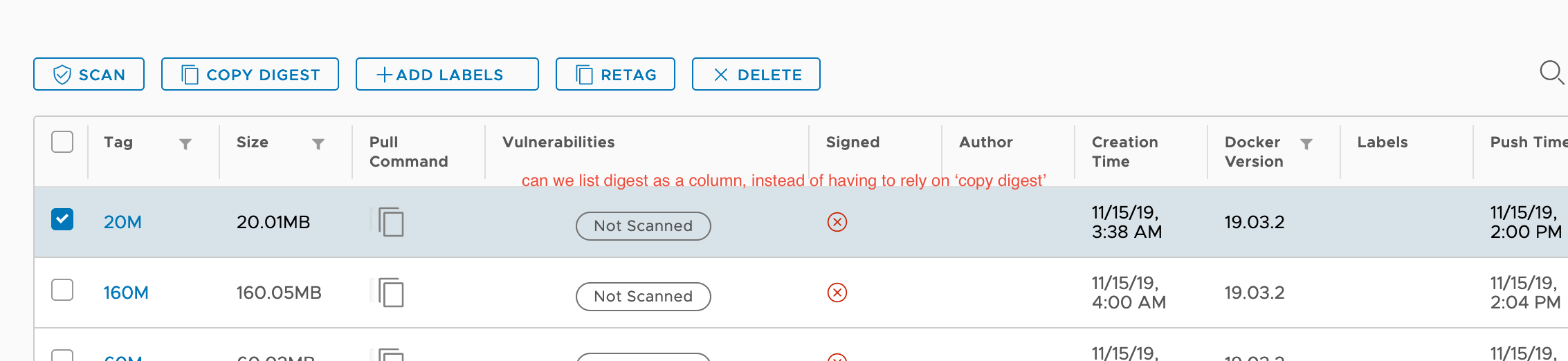 List Digest In Tag Listing Instead Of Relying On Copy Digest · Issue 10101 · Goharborharbor