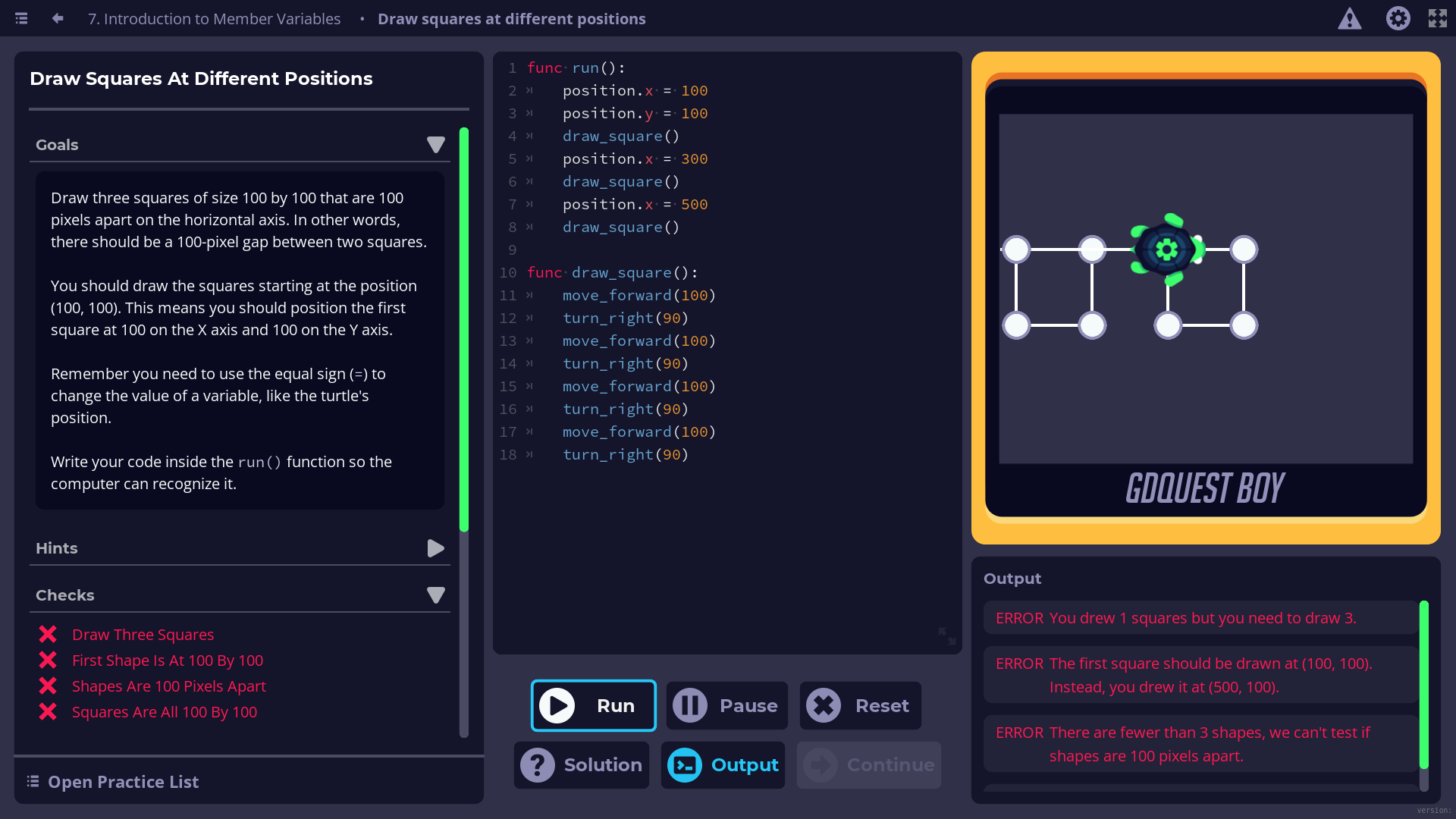 Lesson 7: "Draw Rectangles at Different Positions" doesn't recognize solution with move_forward ...
