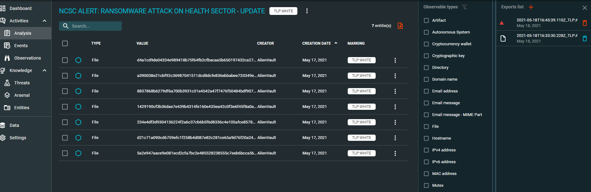 [ExportFileCSV] Exporting a list of observables works with ExportFileStix but not with ...