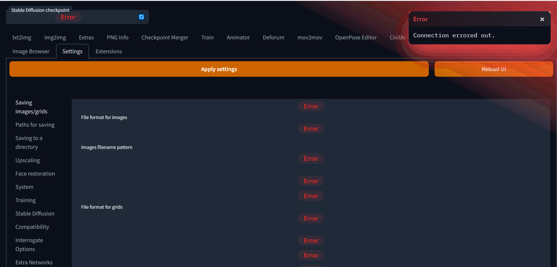 [Bug]: The restart interface shows that theConnection errored out. · Issue #218 · camenduru ...