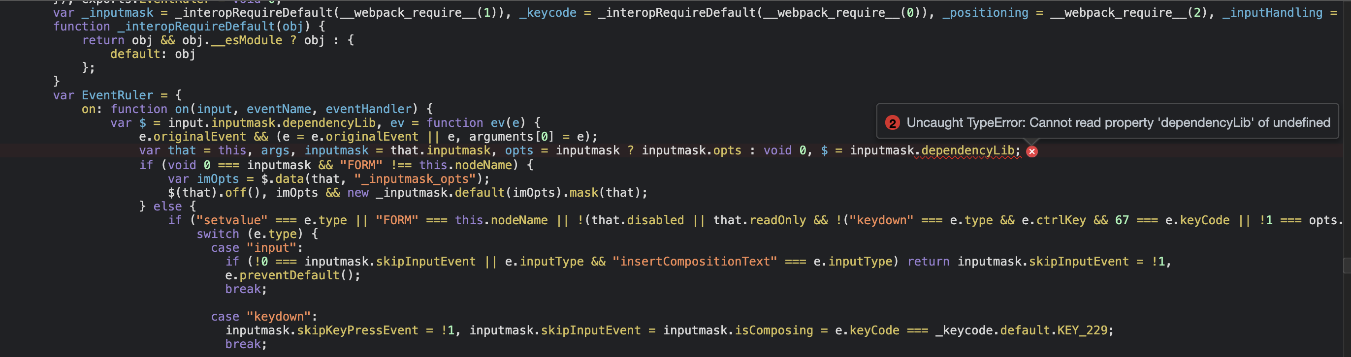 Cannot read property 'dependencyLib' of undefined · Issue #2508 · RobinHerbots/Inputmask · GitHub