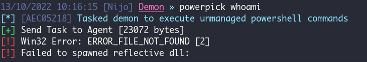 Powerpick Failed to spawn reflective dll · Issue #165 · HavocFramework/Havoc · GitHub