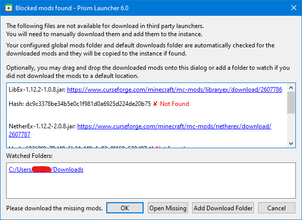 "Ok" button on blocked mods workaround needs improvement · Issue #613 · PrismLauncher ...