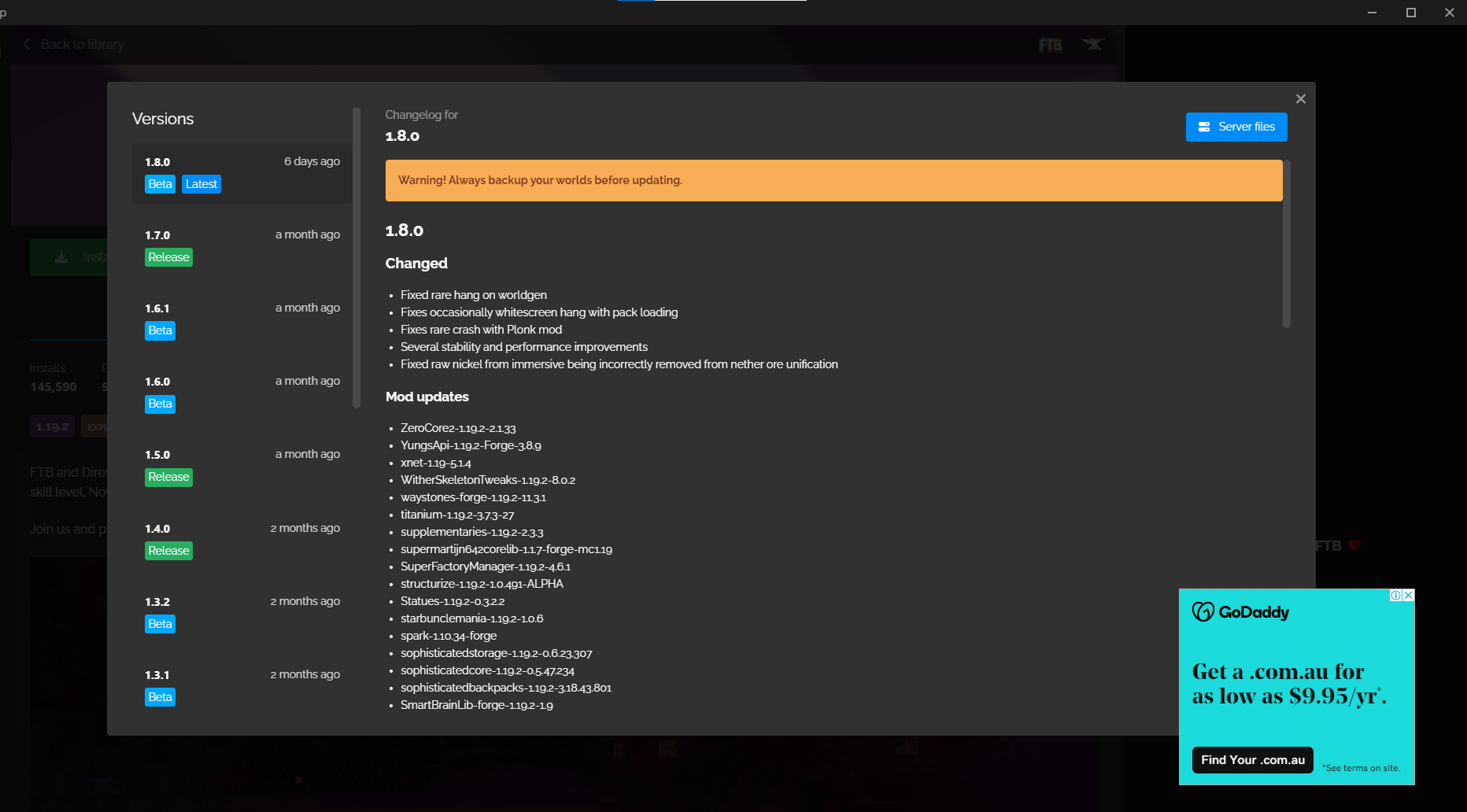 Ads appear on top of the the versions pop-up of a modpack and can block some content · Issue ...