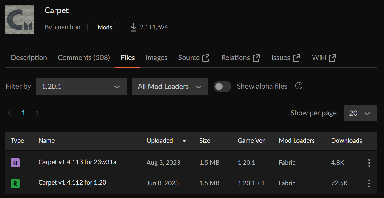 Carpet v1.4.113 for 23w31a is listed on CurseForge as being for 1.20.1 · Issue #1804 · gnembon ...