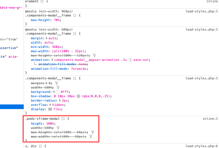 Pods Iframe Modal Is Undersized Because Pods Default Styles Get Overwritten By Wordpress