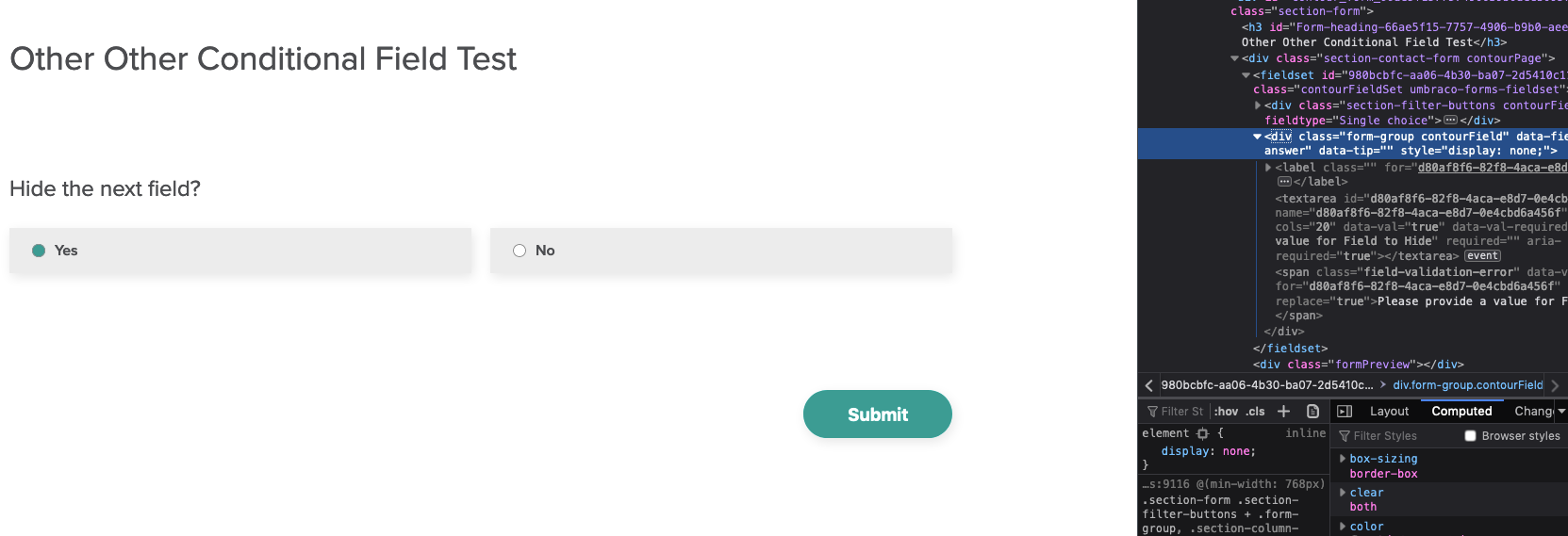 Required Conditional Field Shows Error When Hidden · Issue #192 · umbraco/Umbraco.Forms.Issues ...