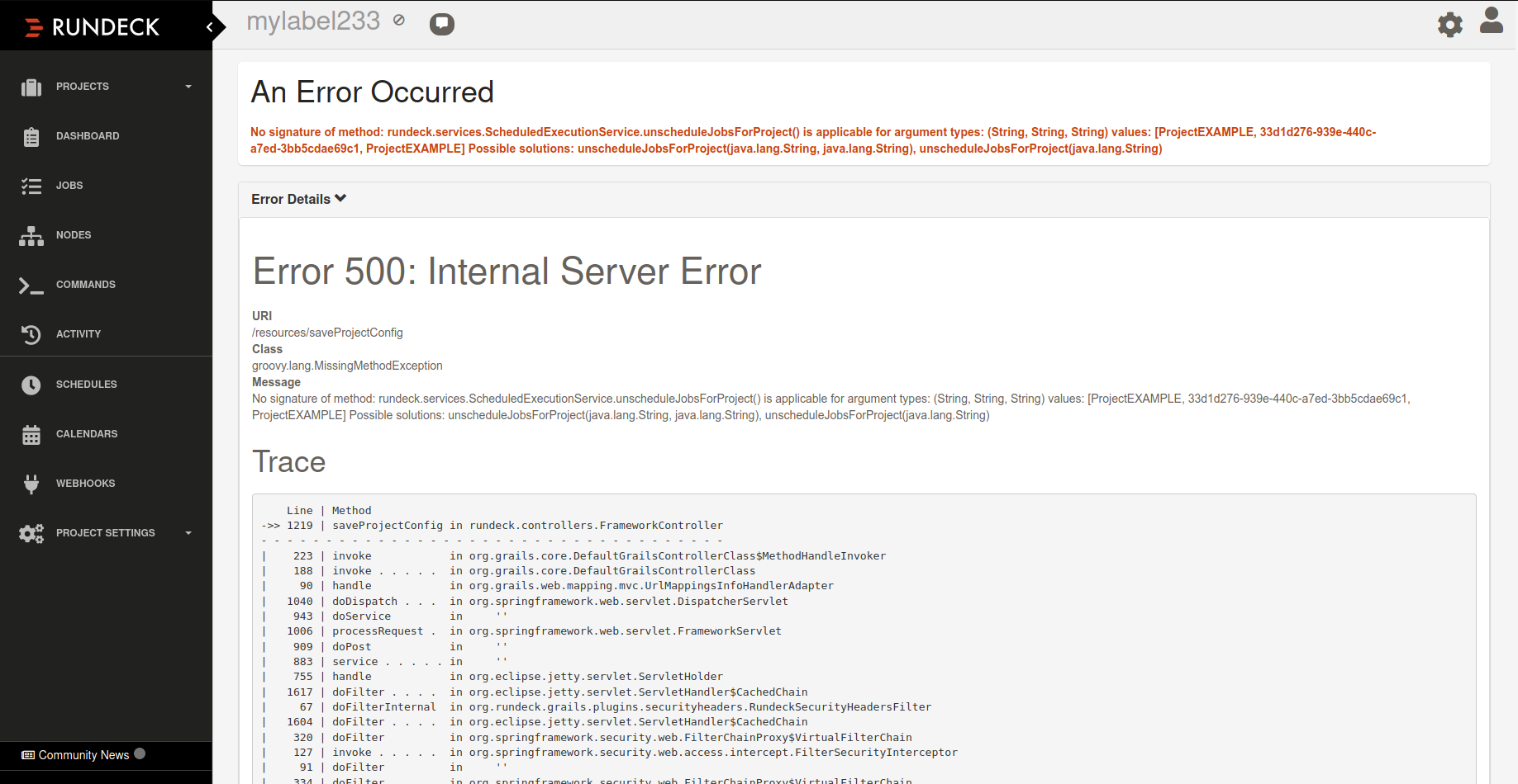 Error 500 after set project.disable.schedule and/or project.disable.executions on project ...