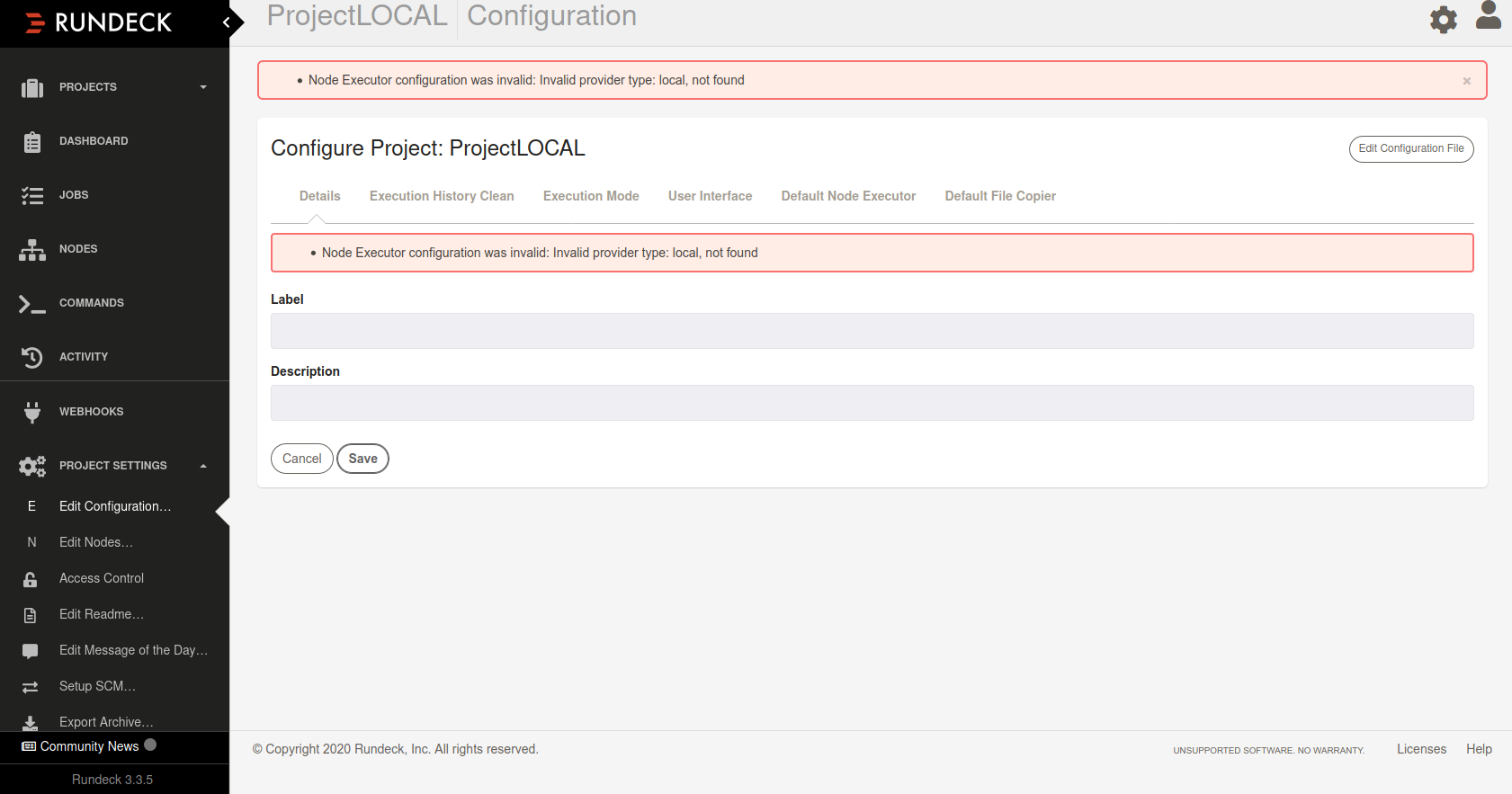 "Node Executor configuration was invalid: Invalid provider type: local ...