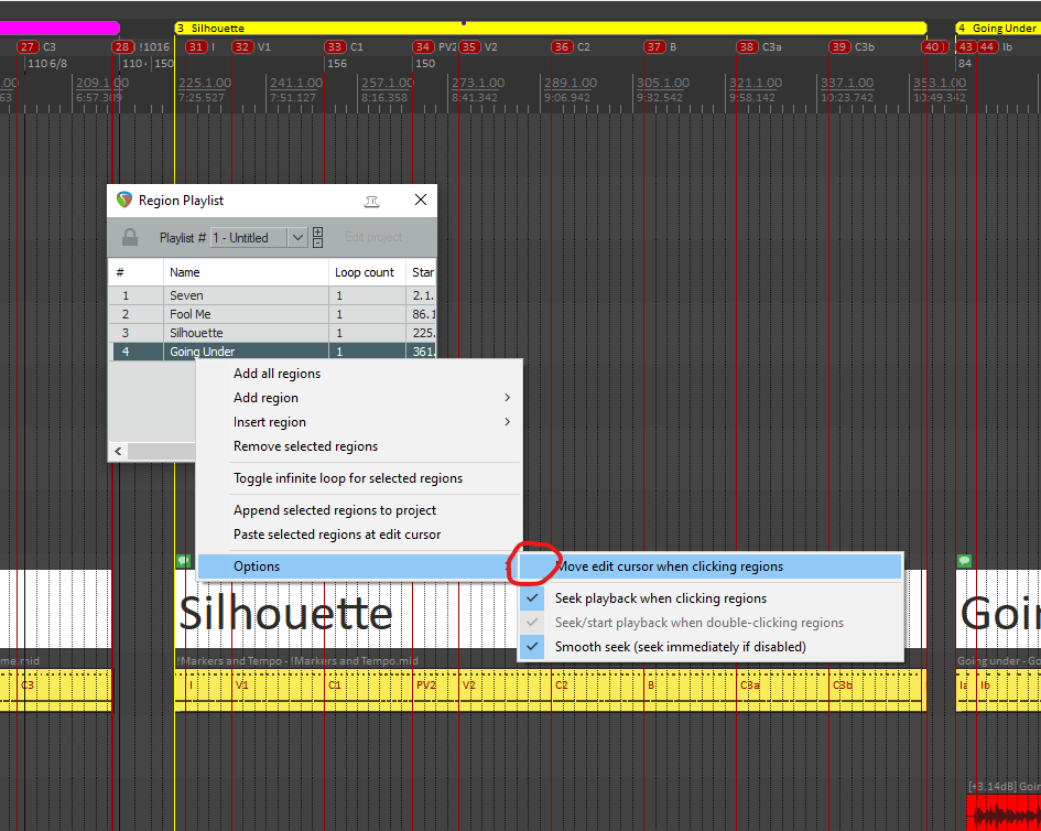Region Playlist: "Move edit cursor when clicking regions" state resets when restarting Reaper ...