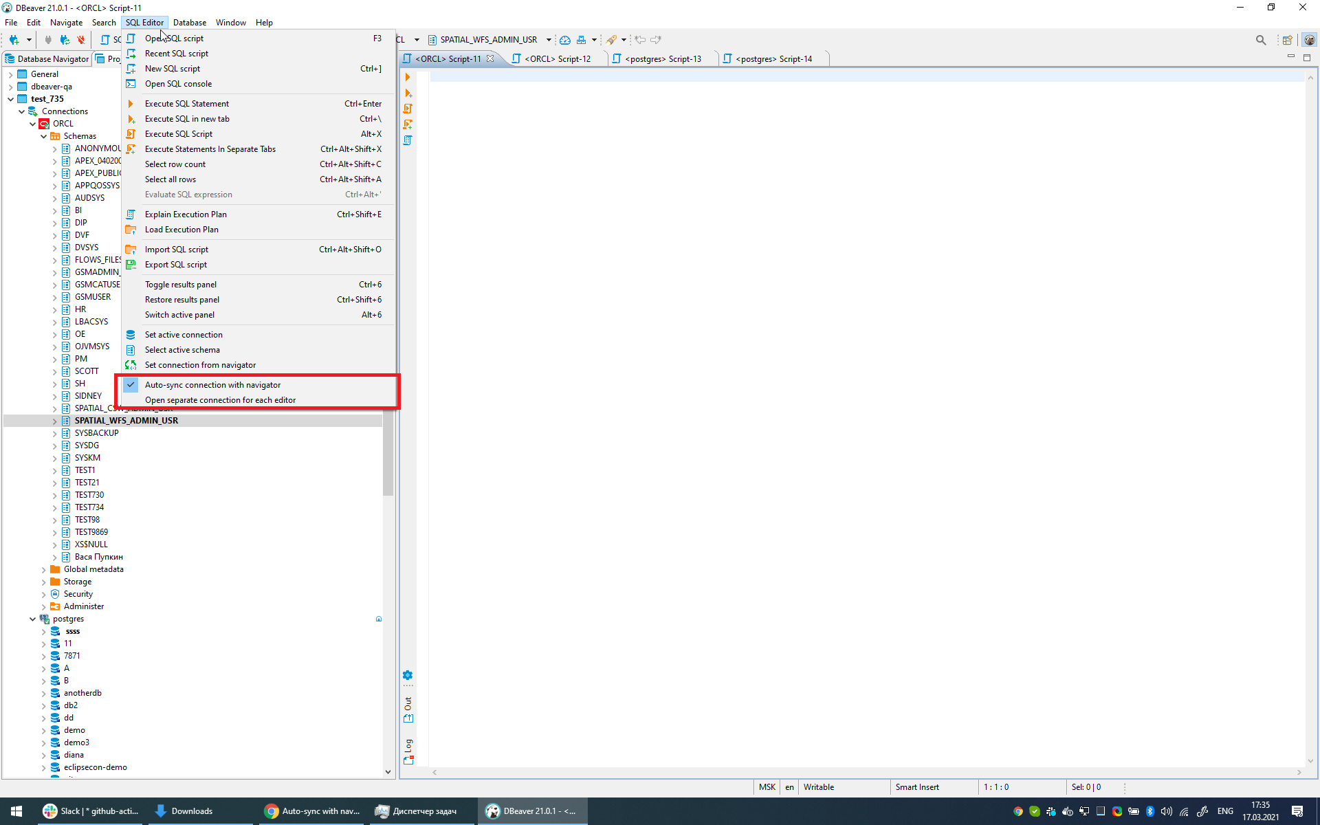 Auto-sync with navigator does not work with Oracle · Issue #11340 · dbeaver/dbeaver · GitHub