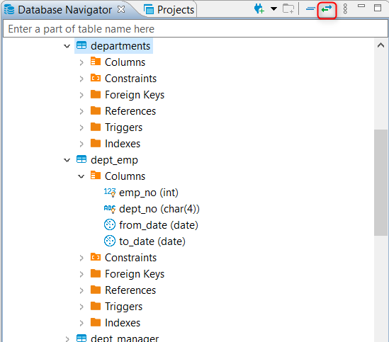 Select the current object (table/schema/…) in the navigator via the tab ...