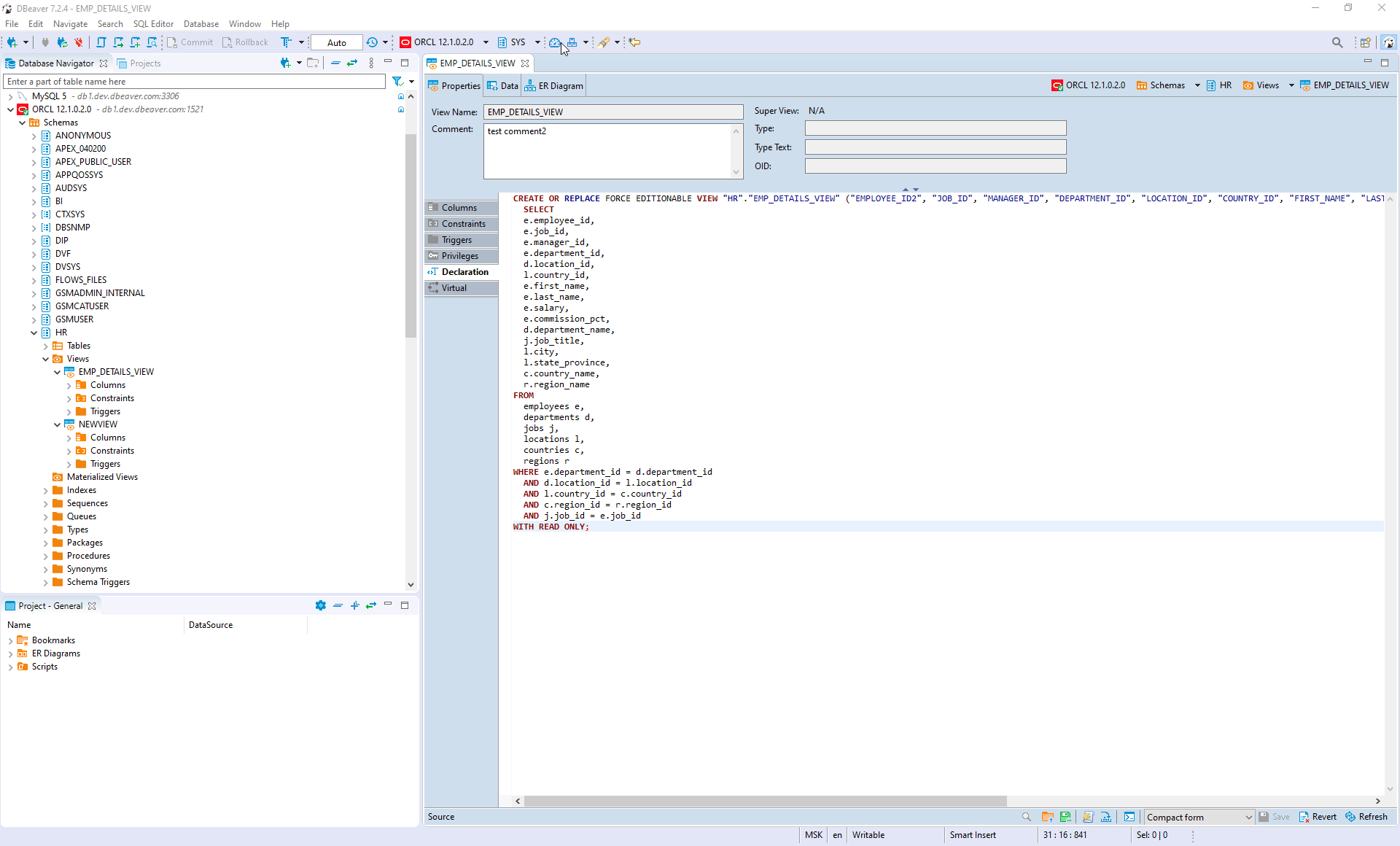 Refresh is needed to see correct compact DDL for a view with comments ...