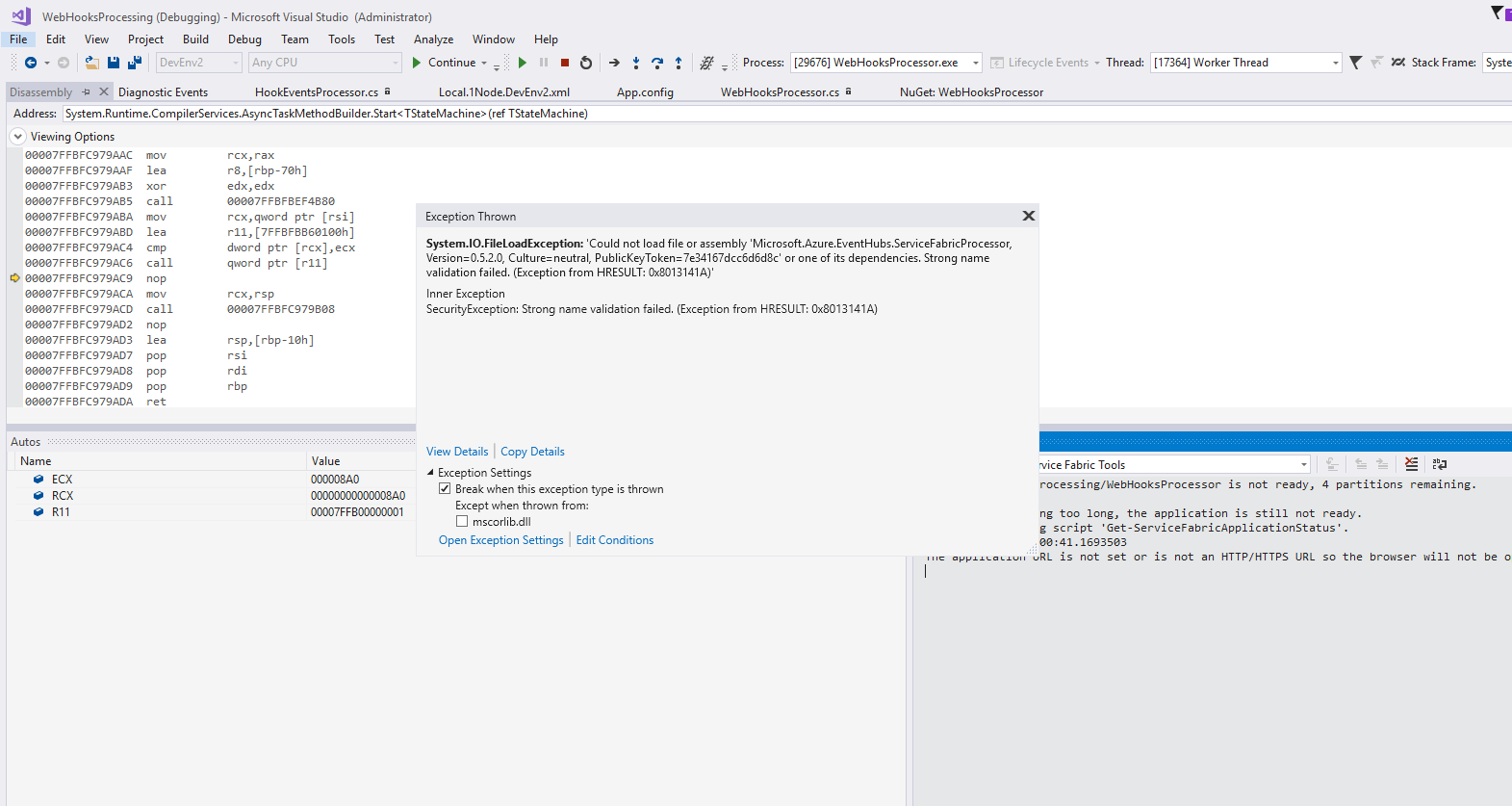 Could not load file or assembly Microsoft.Azure.EventHubs.ServiceFabricProcessor ...