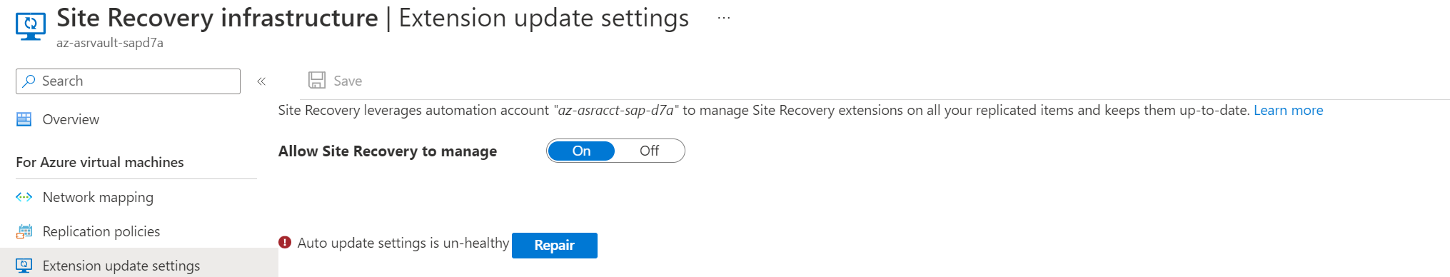 azurerm_site_recovery_protection_container_mapping automatic_update Auto update settings is un ...