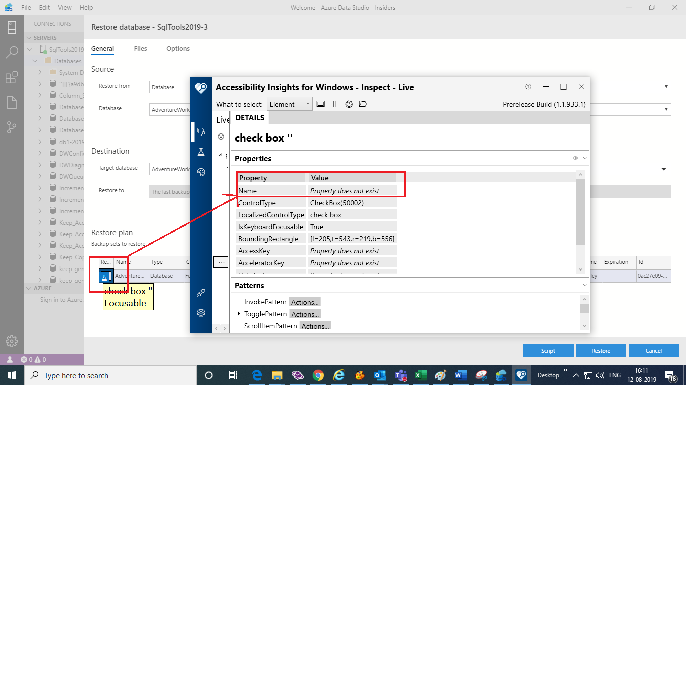 A11y_AzureDataStudio(Schema,Dacpac,Backup)_Restore Database Dialog_Restore Plan_AI4D: The table ...