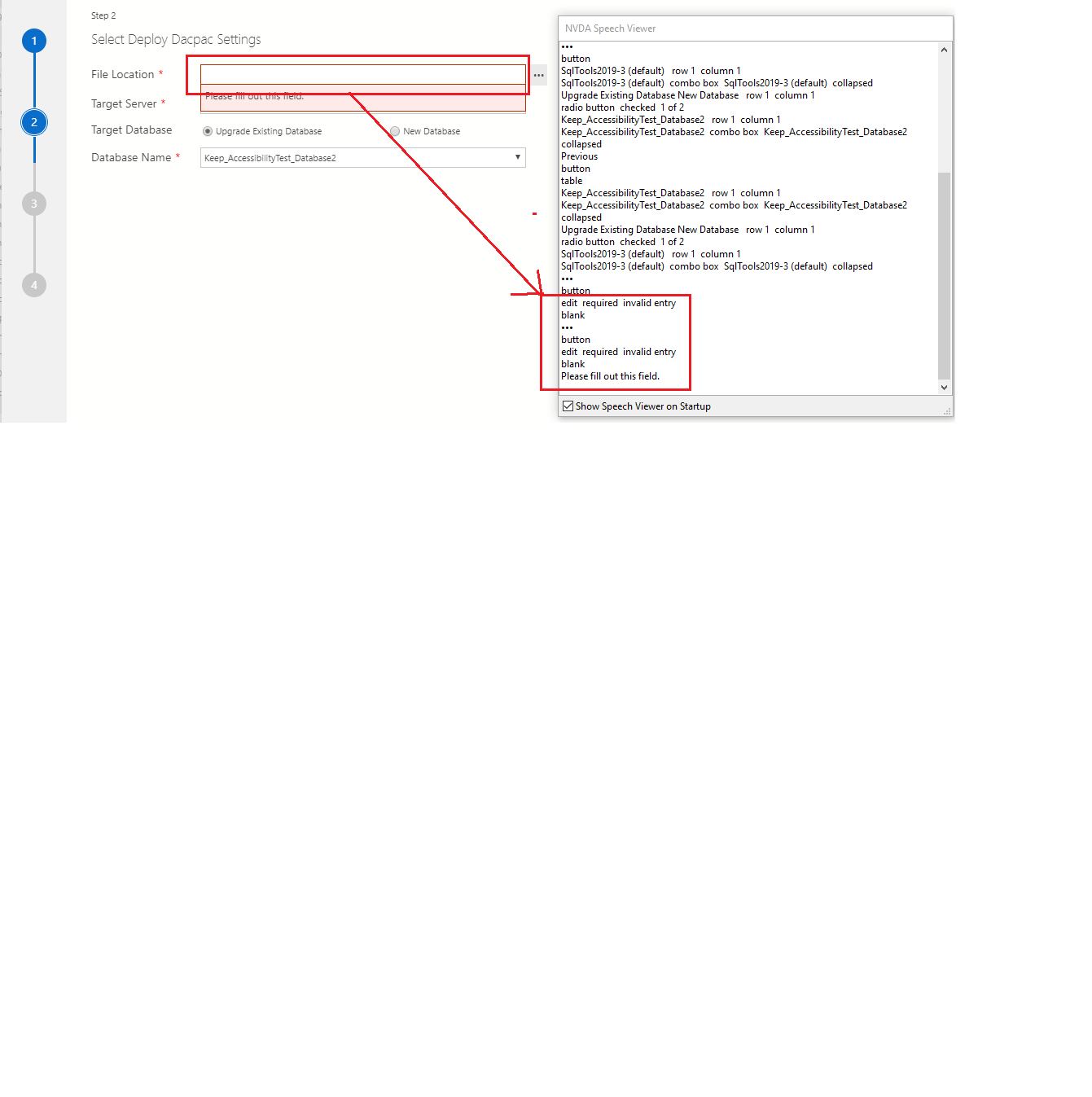A11y_AzureDataStudio(Schema,Dacpac,Backup)_ Deploy Dacpac Settings_Screenreader: NVDA is not ...